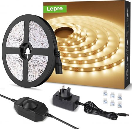 5M Dimmable LED Strip Light Kit Warm White Dimmer and Power Adapter Included Lepro
